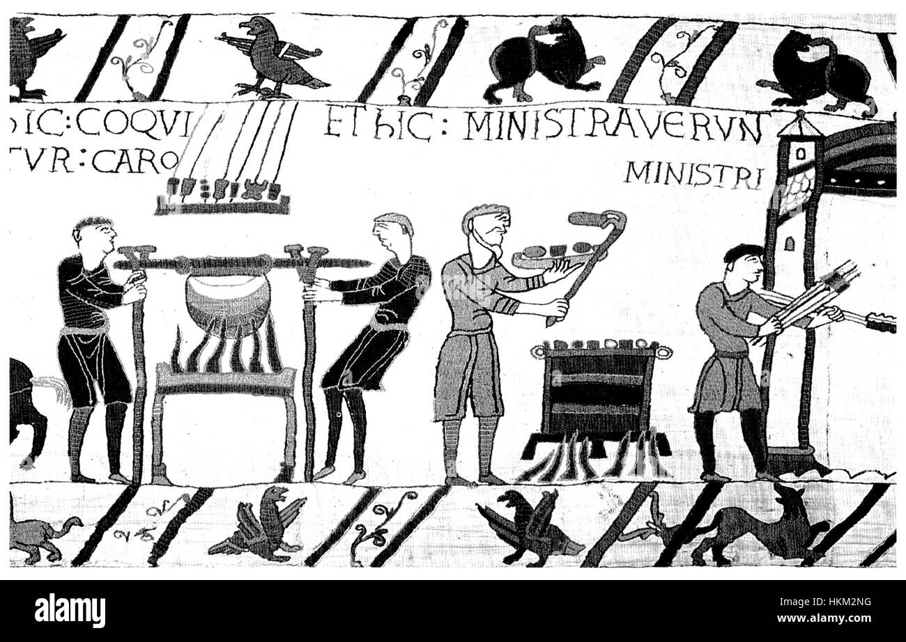This artwork illustrates a scene from the *Bayeux Tapestry*, depicting ...
