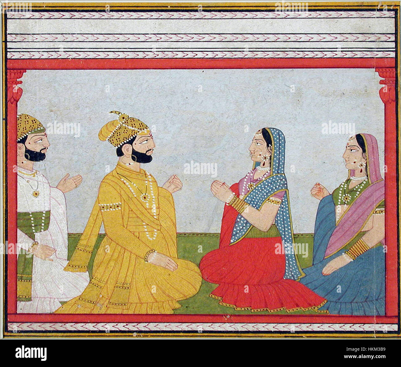 This painting depicts a royal scene of a raja and his lady in an ornate ...