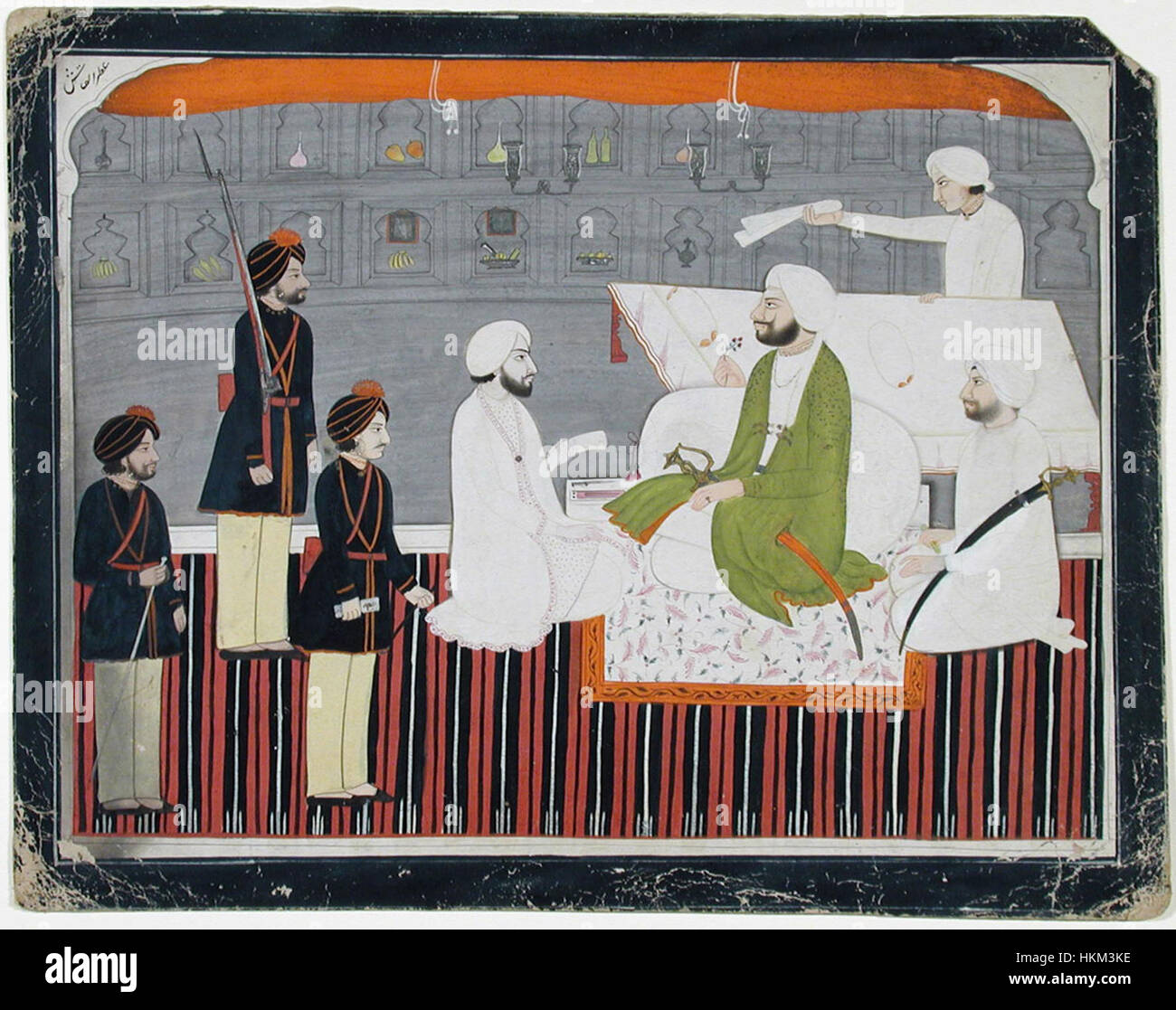 This historical painting shows a Sikh raja in audience, reflecting the ...