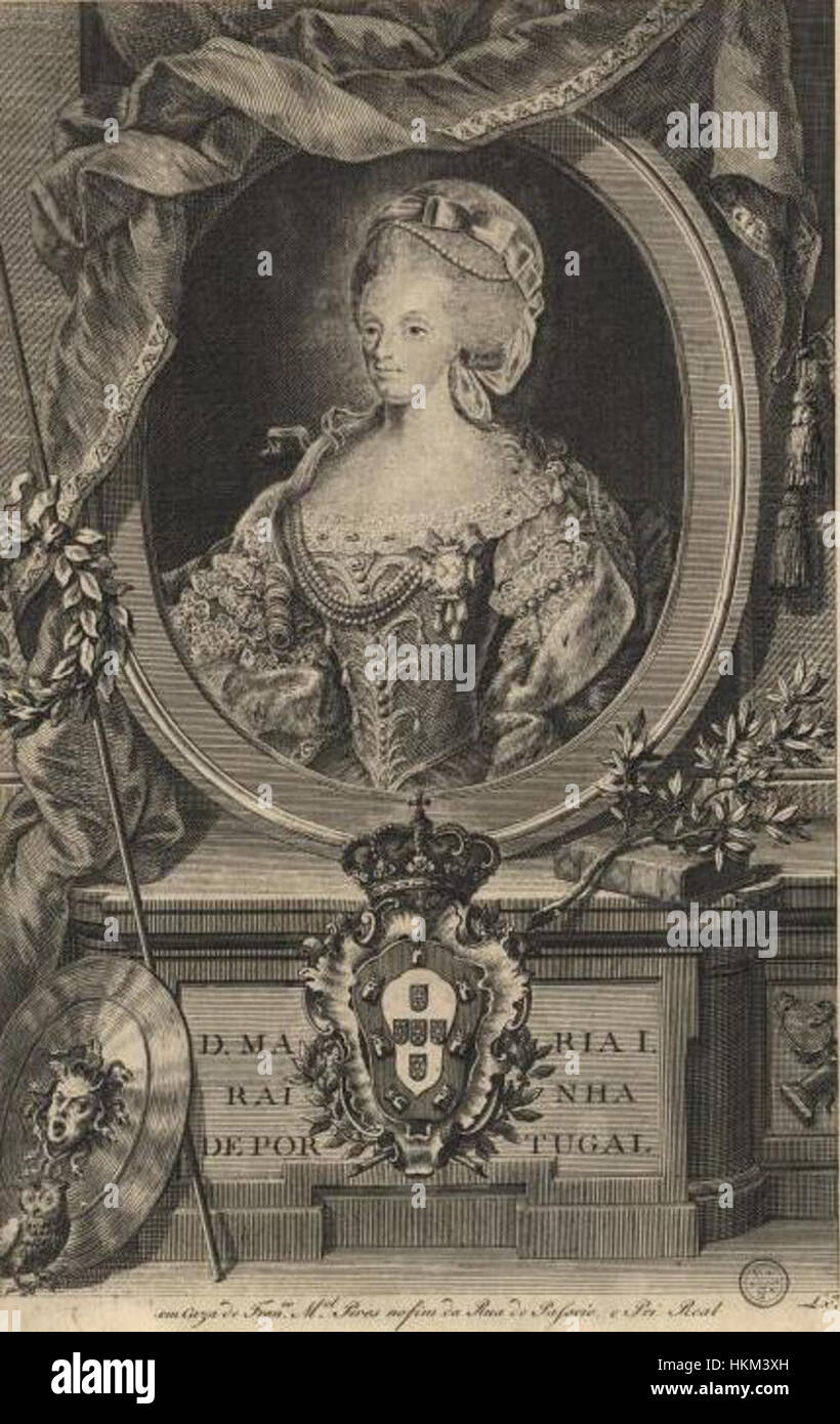 This engraving depicts Queen Maria I of Portugal, created in Lisbon ...
