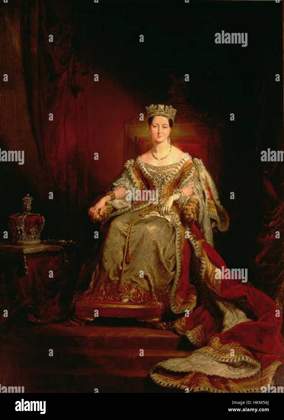 This 1838 portrait of Queen Victoria depicts her seated on the throne ...