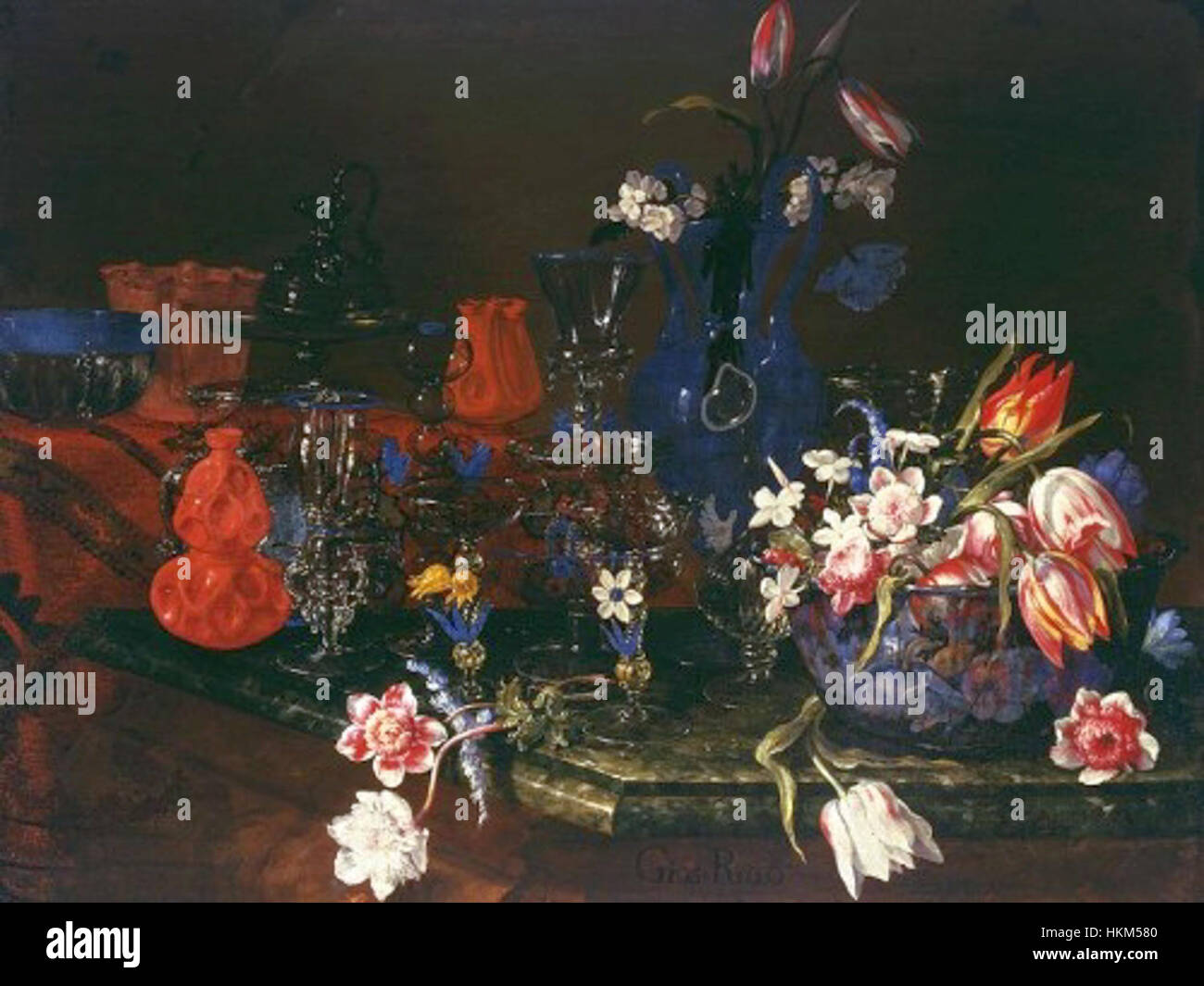 The still life painting by Recco depicts a detailed and vibrant ...