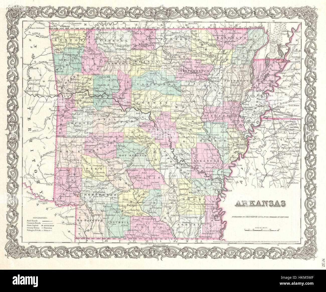 This 1855 Colton map of Arkansas is a detailed geographical ...
