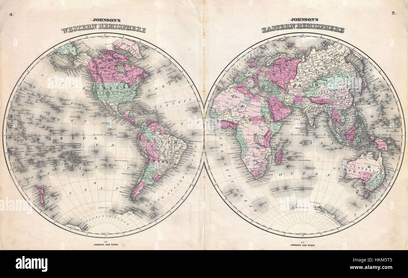 This 1862 map by Johnson shows the world on a hemisphere projection. It ...