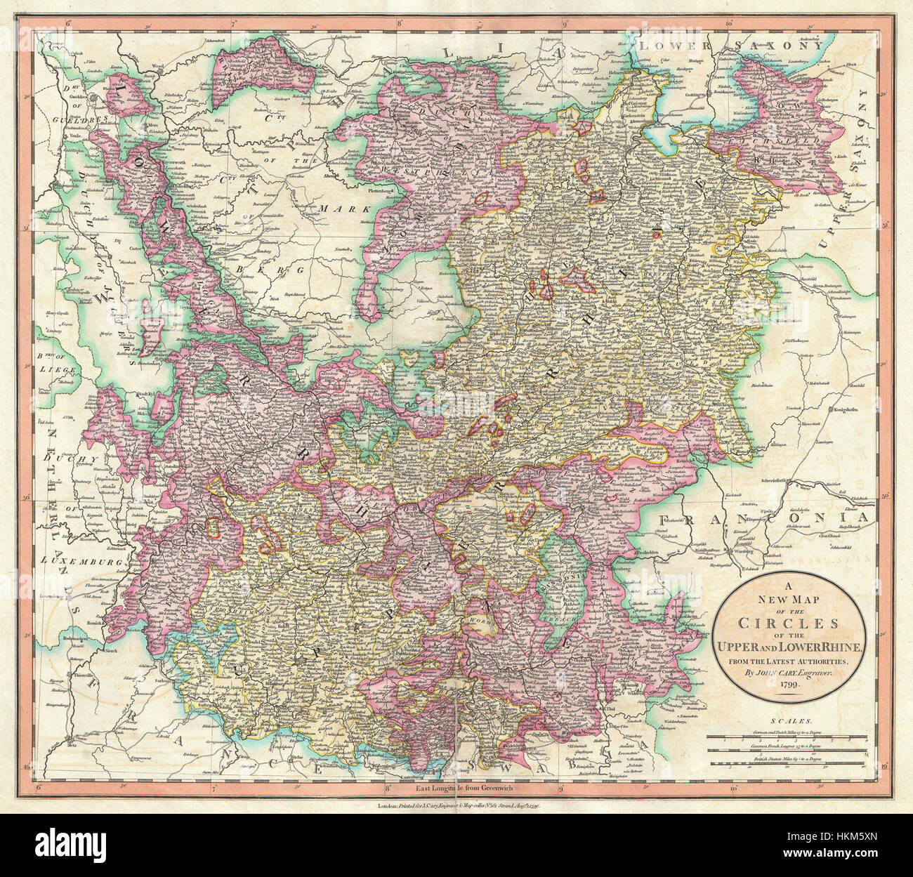 This 1799 map by Cary illustrates the Upper and Lower Rhine regions ...
