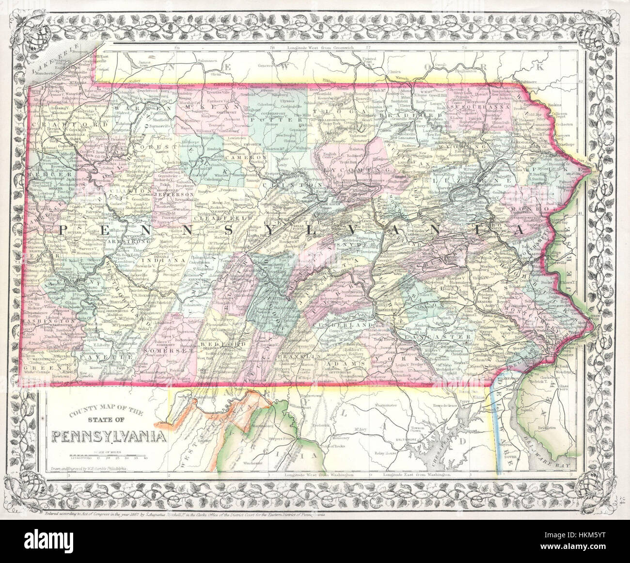 The 1867 Mitchell Map of Pennsylvania provides detailed geographical ...