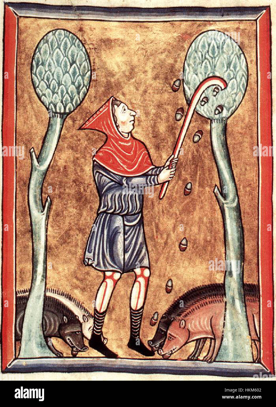 This 12th-century painting depicts peasants feeding pigs with acorns, a ...