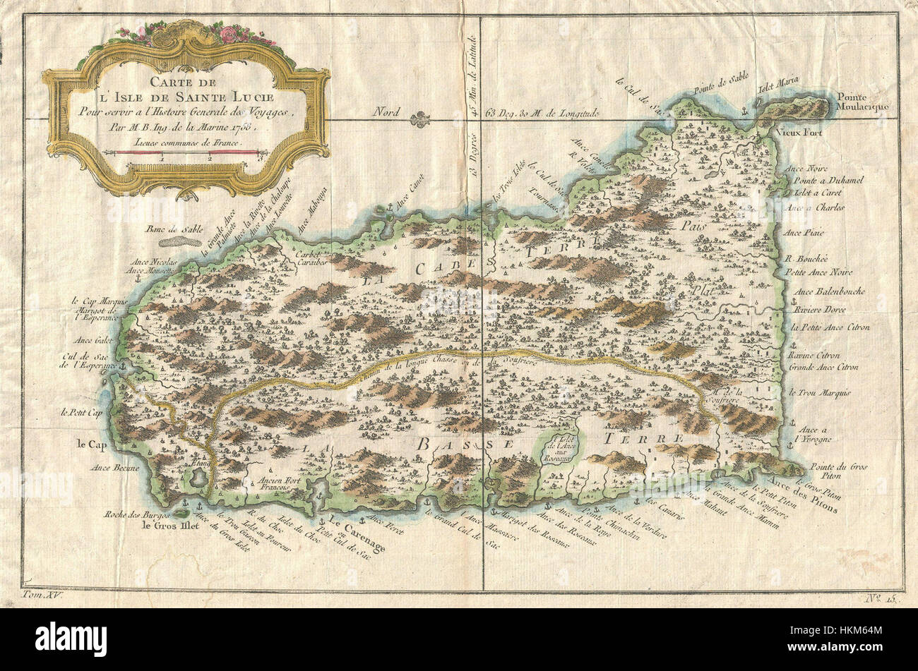 This 1758 map by Bellin depicts St. Lucia in the West Indies, providing ...