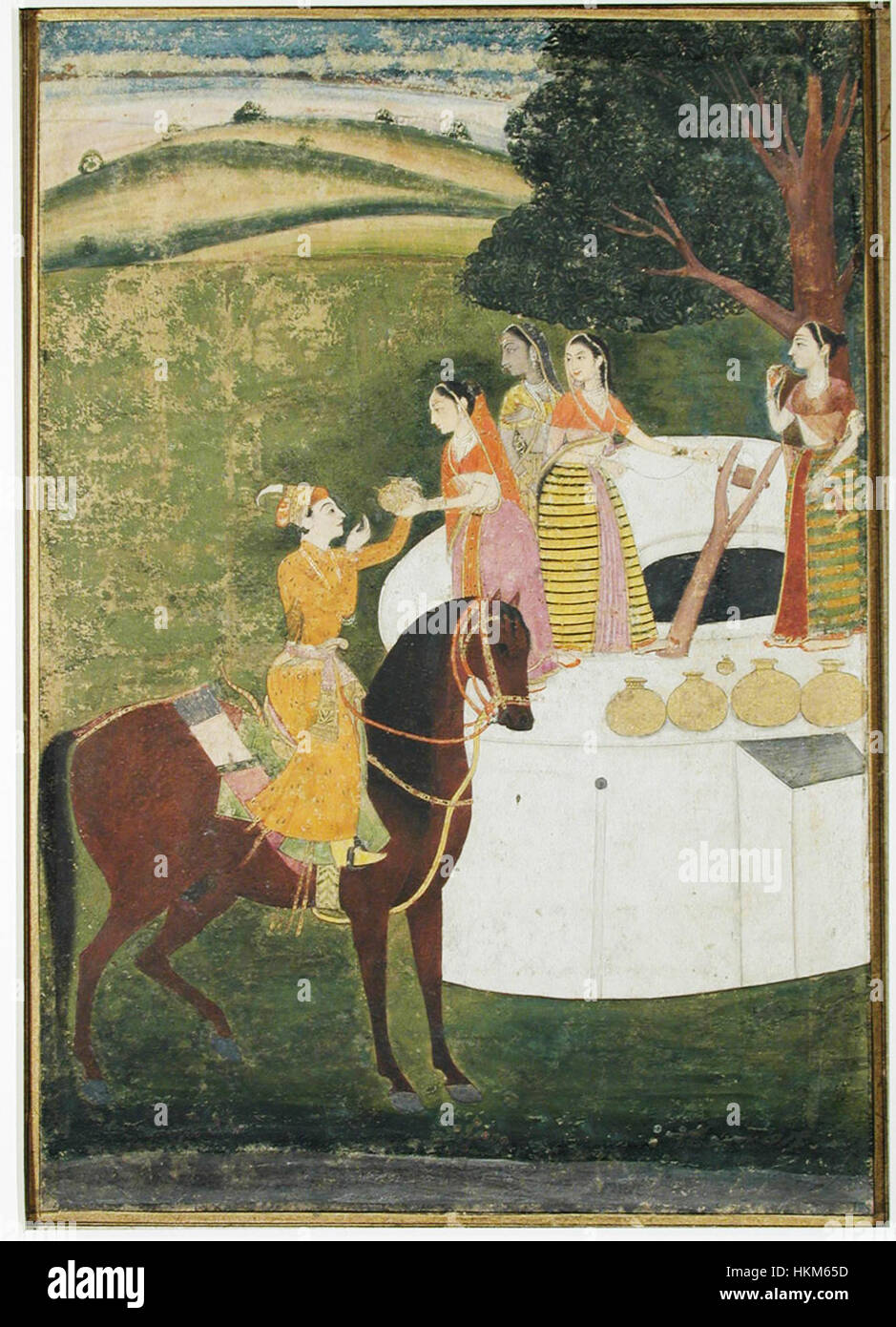 This painting depicts a woman at a well offering a drink to a mounted ...