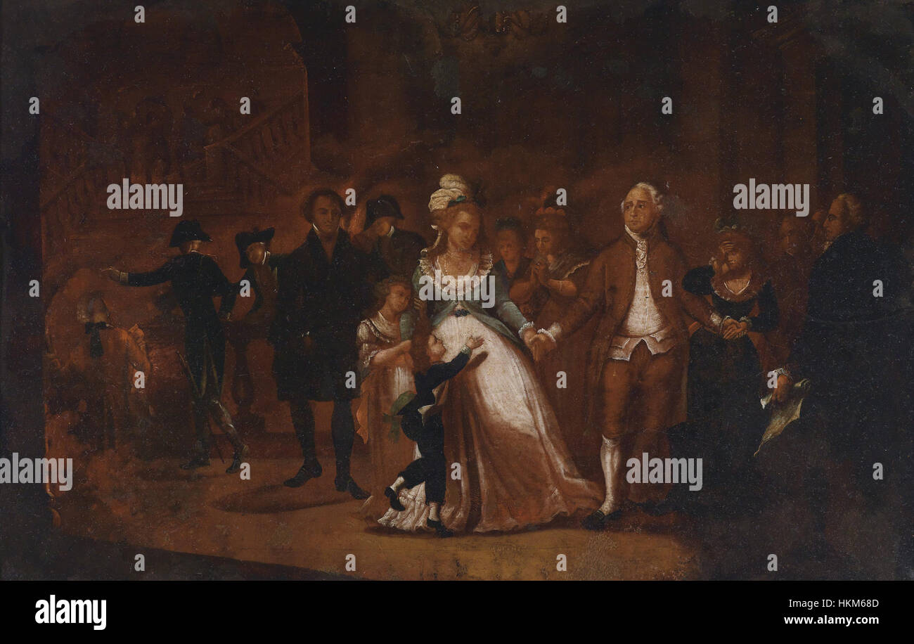 This painting, titled 'Abschied Louis XVI von seiner Familie,' depicts ...