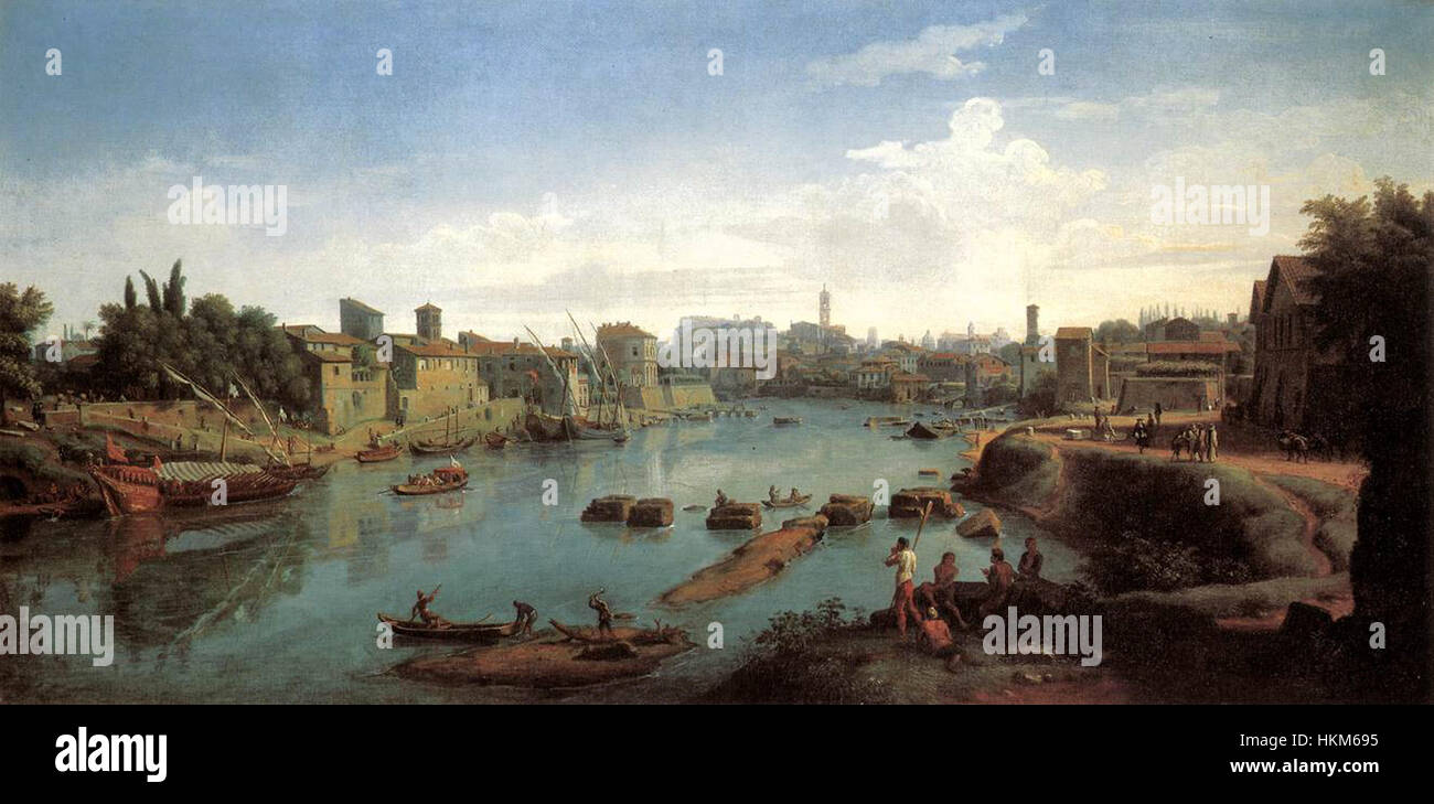 A painting depicting the Tiber River near the Porto di Ripa Grande in ...