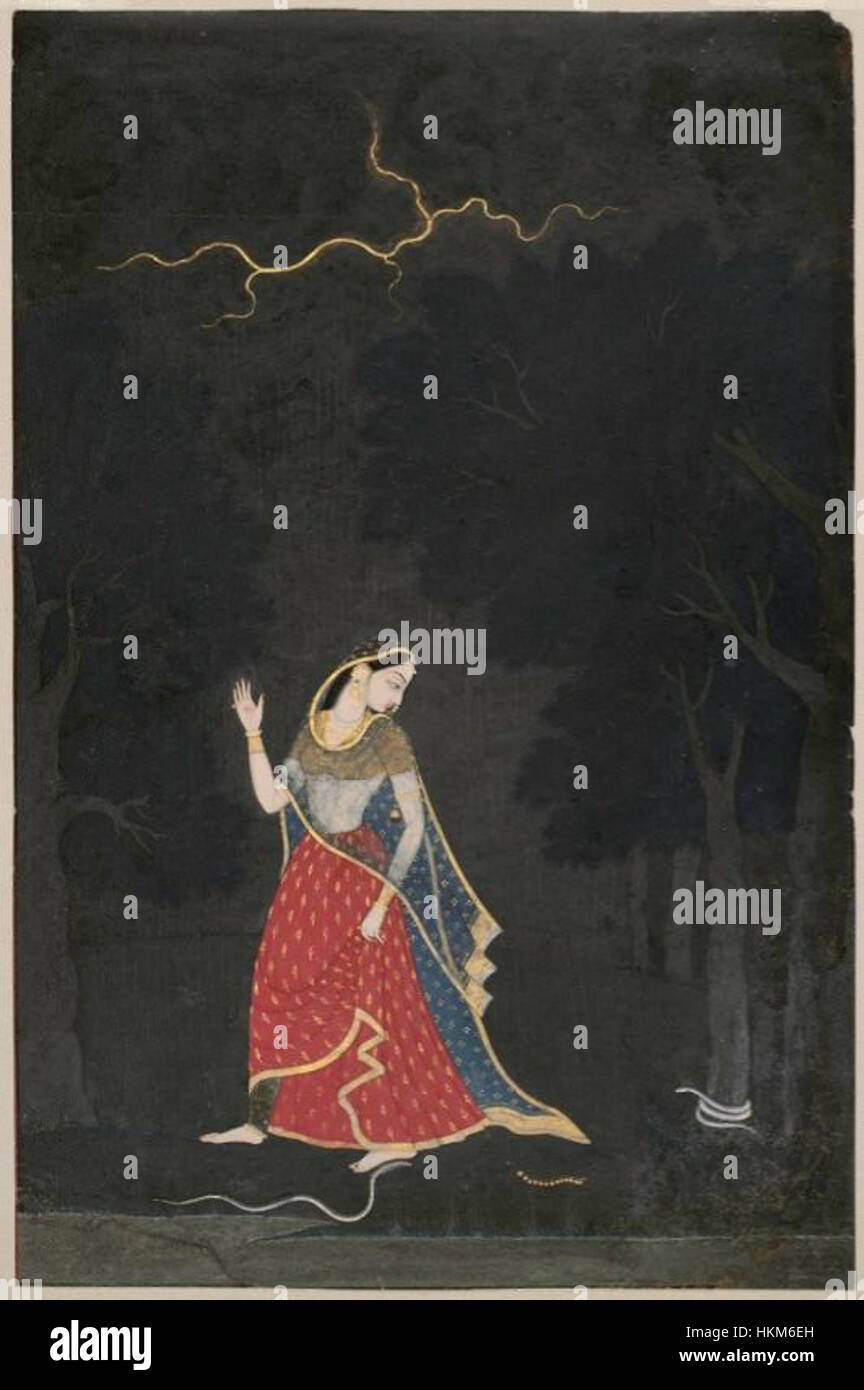A traditional Indian painting depicting *Abhisarika Nayika*, a heroine ...