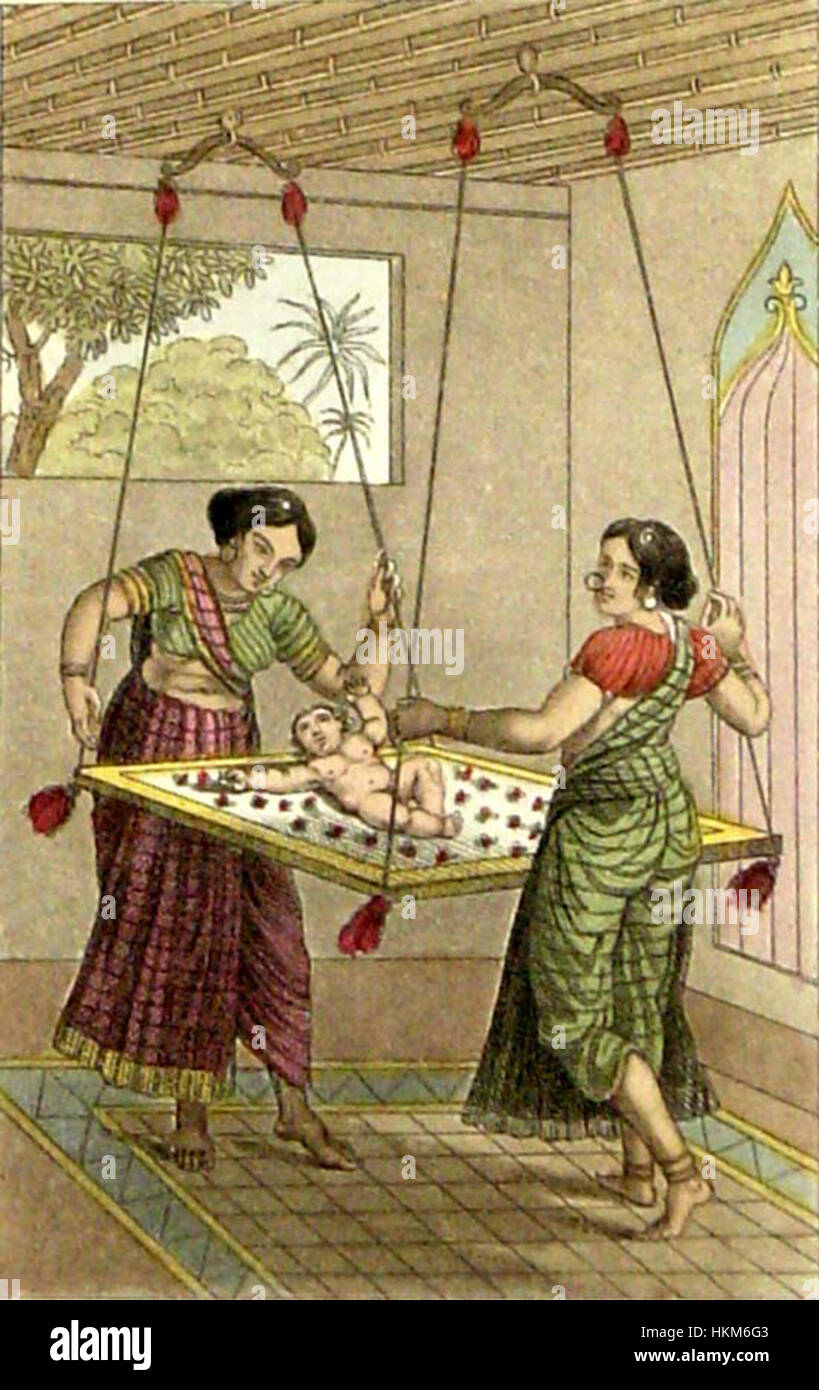 This artwork depicts a traditional Hindoo cradle, showcasing the ...