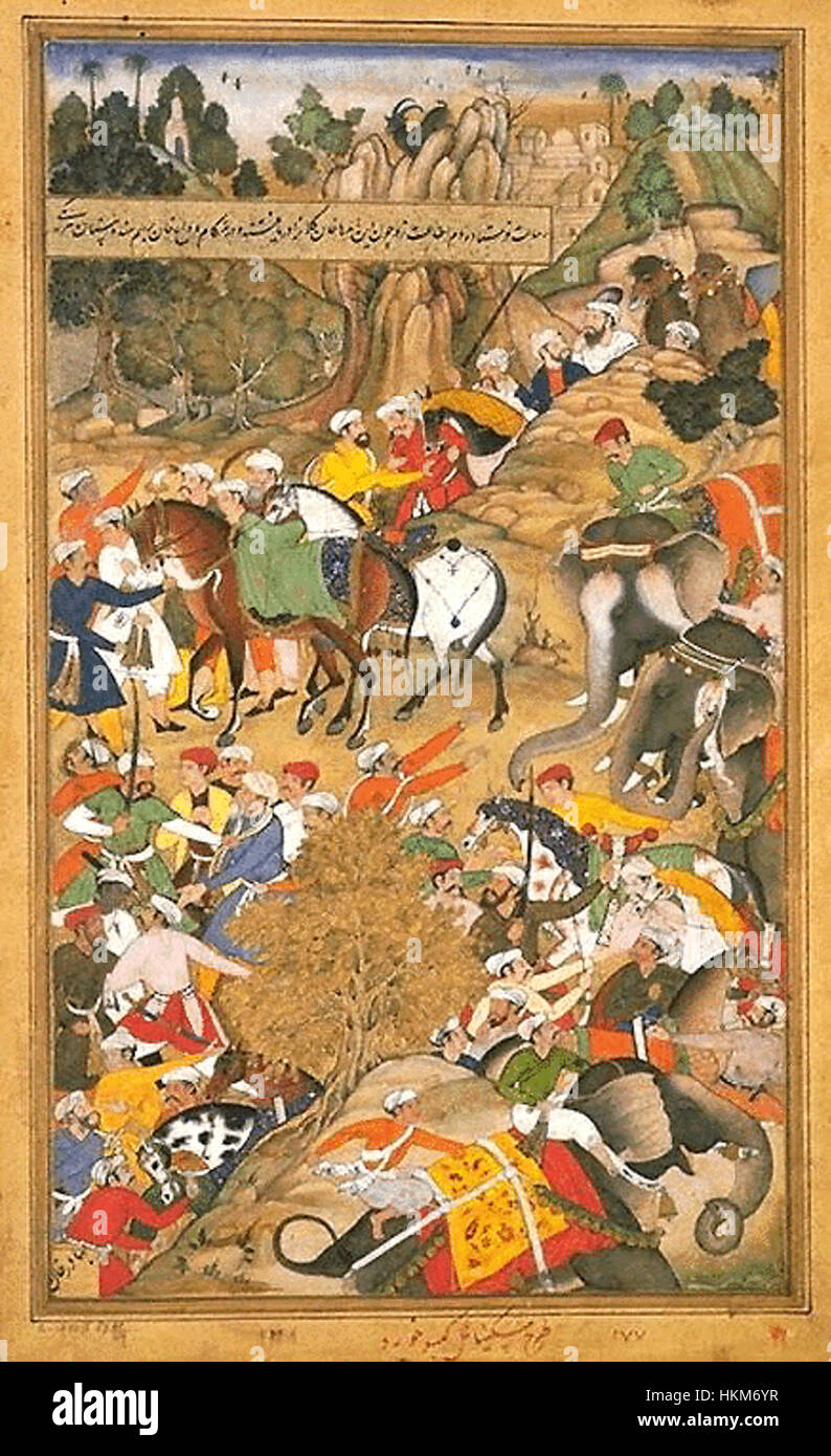 This historical painting illustrates the moment when Emperor Akbar ...