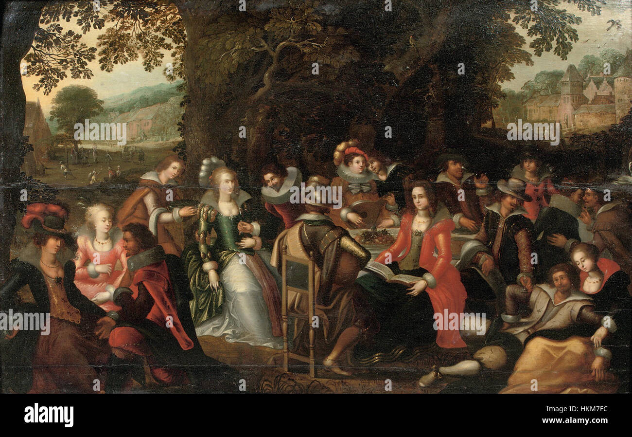 A 19th-century painting depicting an elegant gathering in a garden ...
