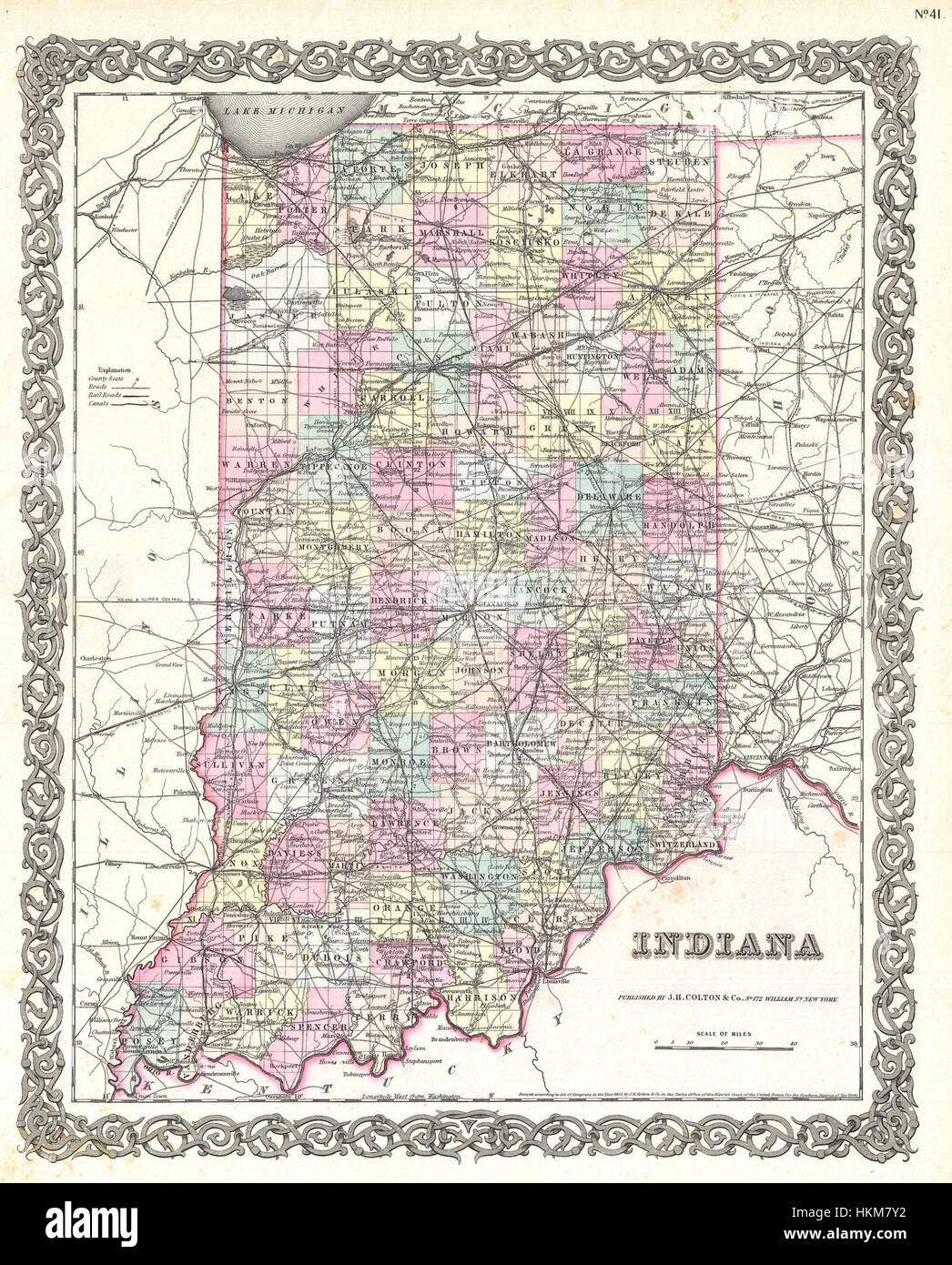 The 1855 Colton map of Indiana illustrates the geographical layout and ...