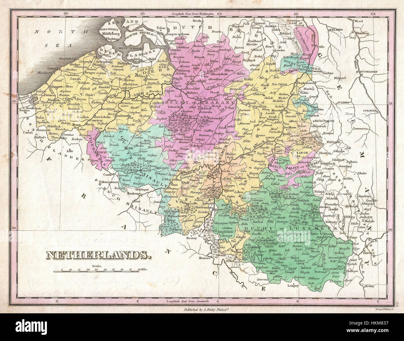 This 1827 Finley map illustrates the geographical regions of Belgium ...