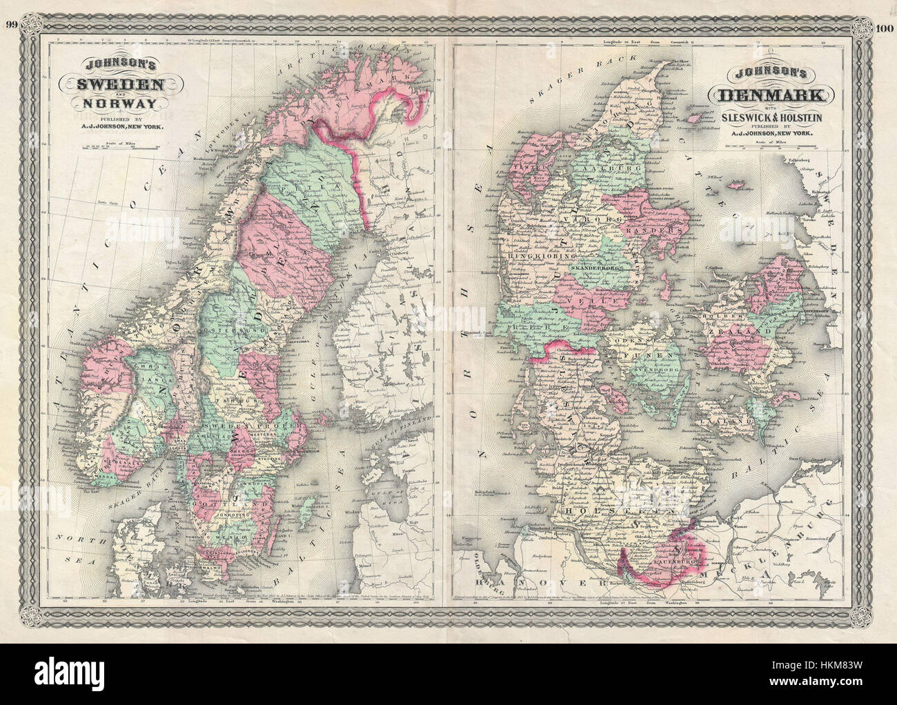 The 1870 Johnson map of Sweden, Norway, and Denmark provides a detailed ...