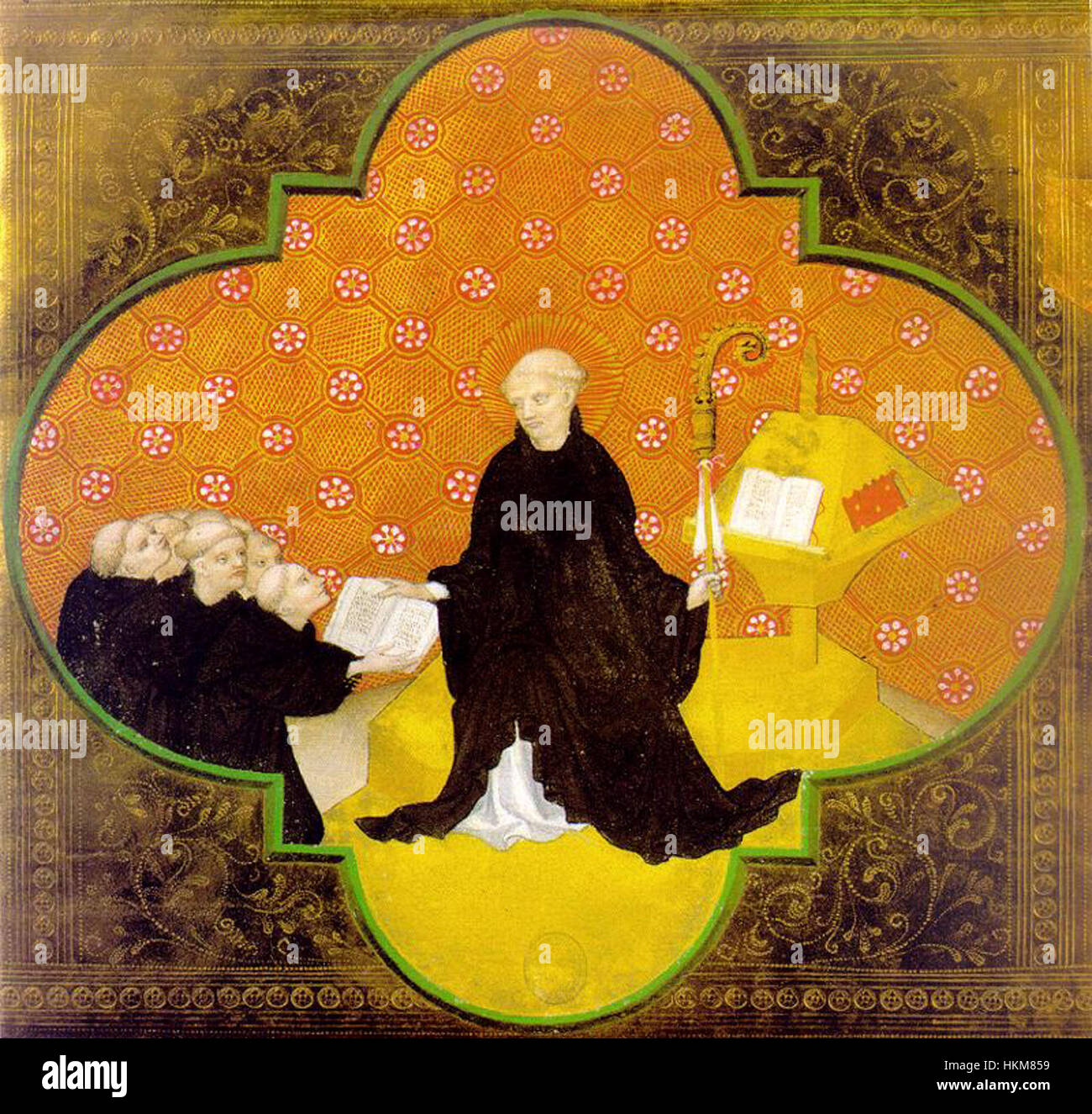 This painting, created by a 15th-century artist, depicts St. Benedict ...