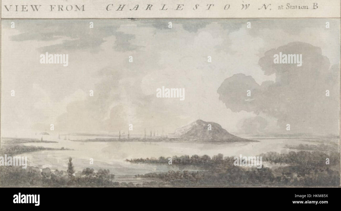 A historical painting showing the view of Charlestown and Boston Harbor ...