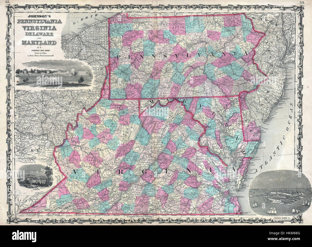 This 1862 map by Johnson depicts the states of Virginia, Maryland ...