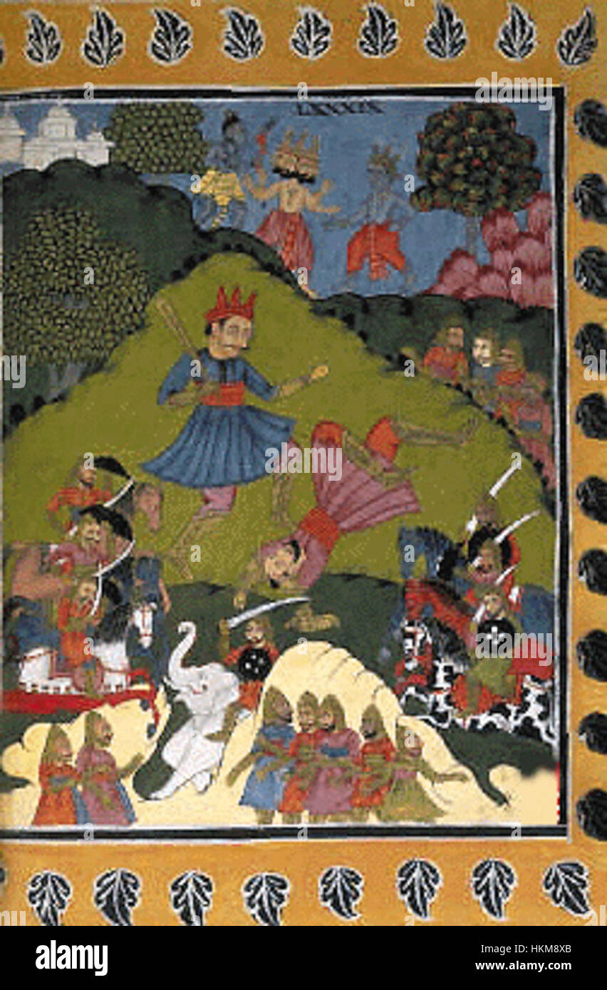 A painting depicting the moment of Bhima killing Duryodhana, a dramatic ...