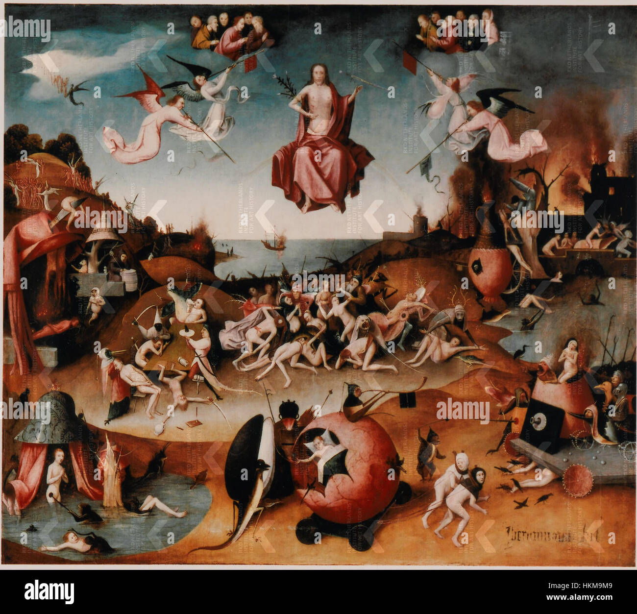 This reproduction of *The Last Judgment* by Hieronymus Bosch presents a surreal and highly ...