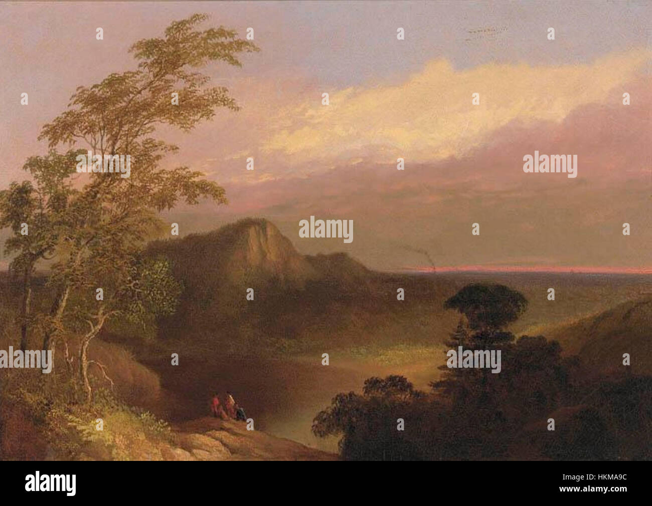 A painting by Alvan Fisher depicting Native Americans at sunset ...