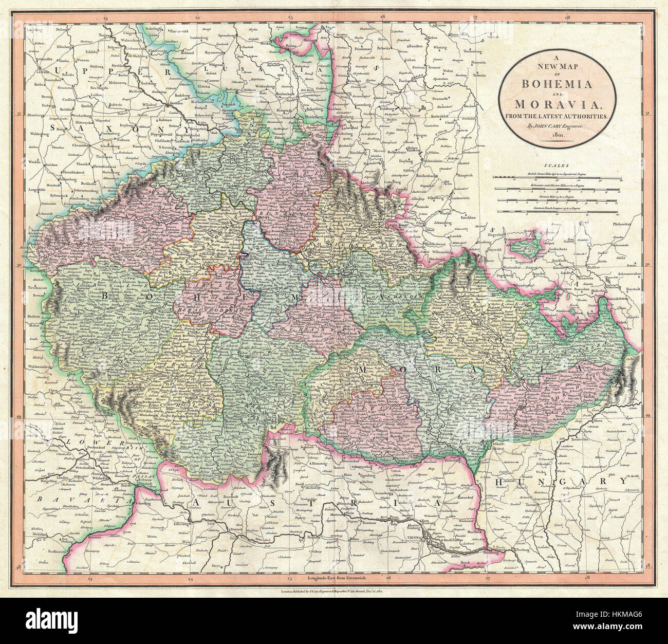 This 1801 map by Cary presents the historical regions of Bohemia and ...