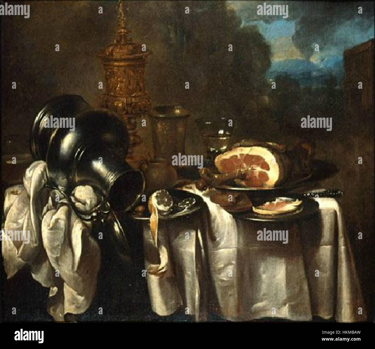 The *Still Life with Ham* by Pieter Claesz, painted in the 17th century ...