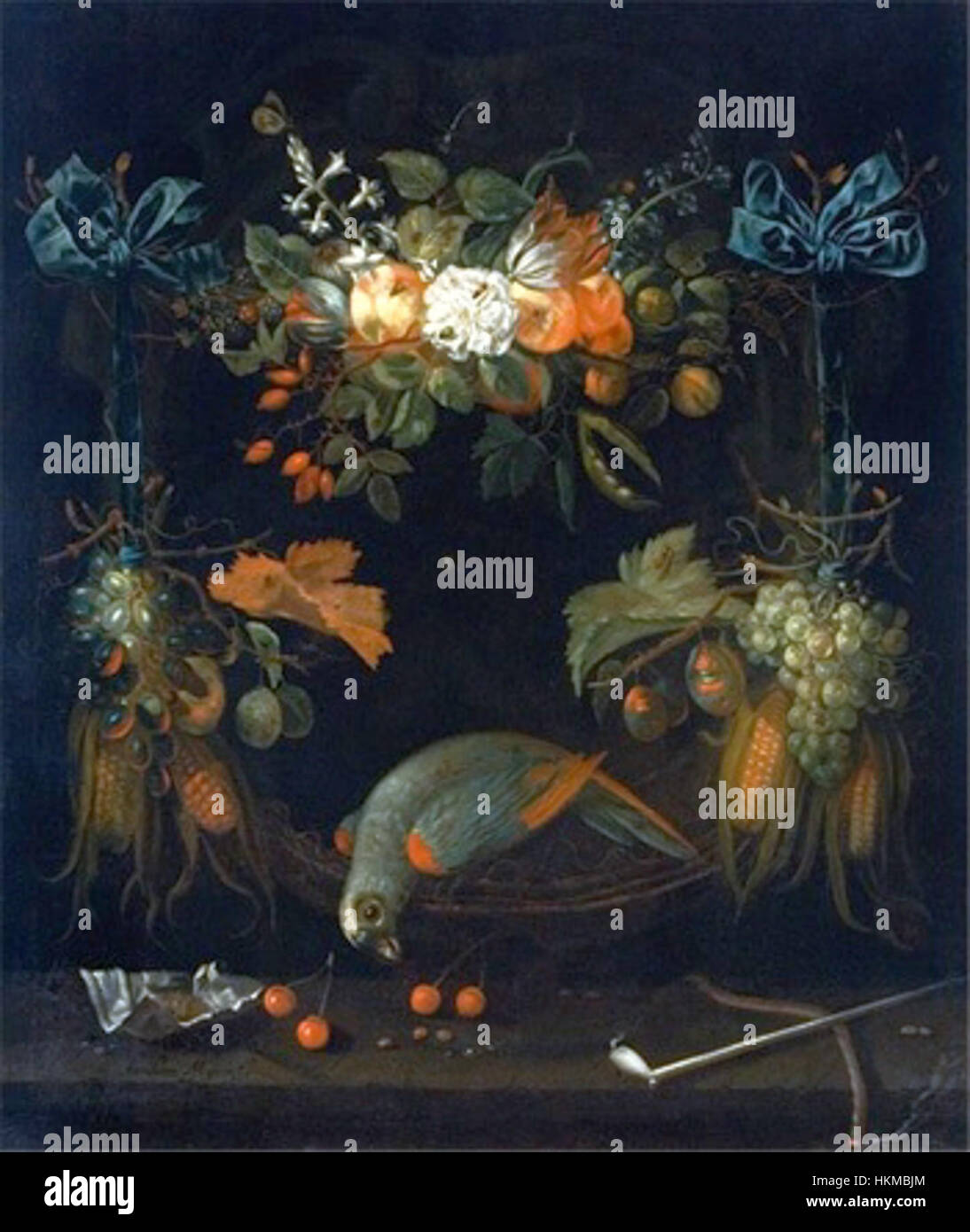 A still-life painting by Mignon, featuring a parrot and an arrangement ...