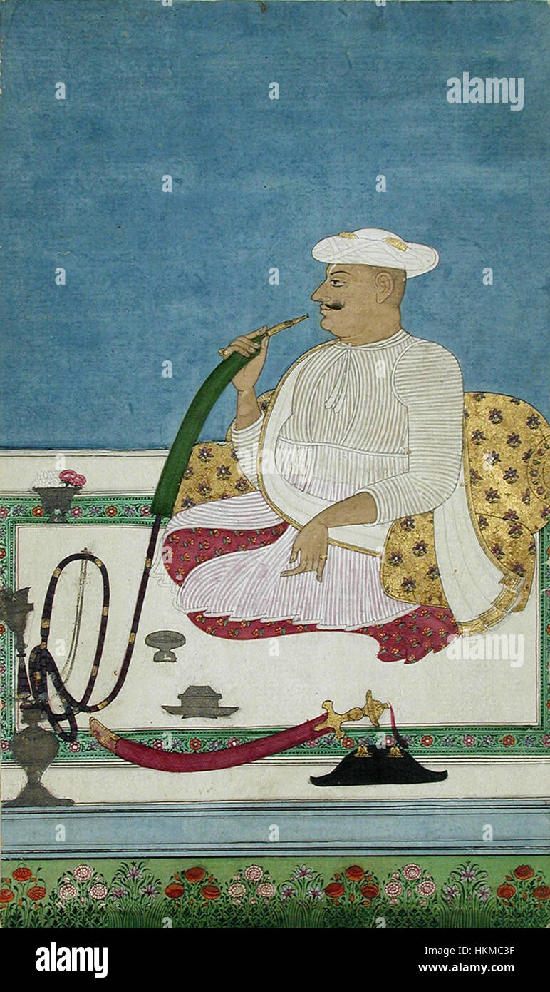 This painting depicts a Hindu raja sitting comfortably while smoking a ...