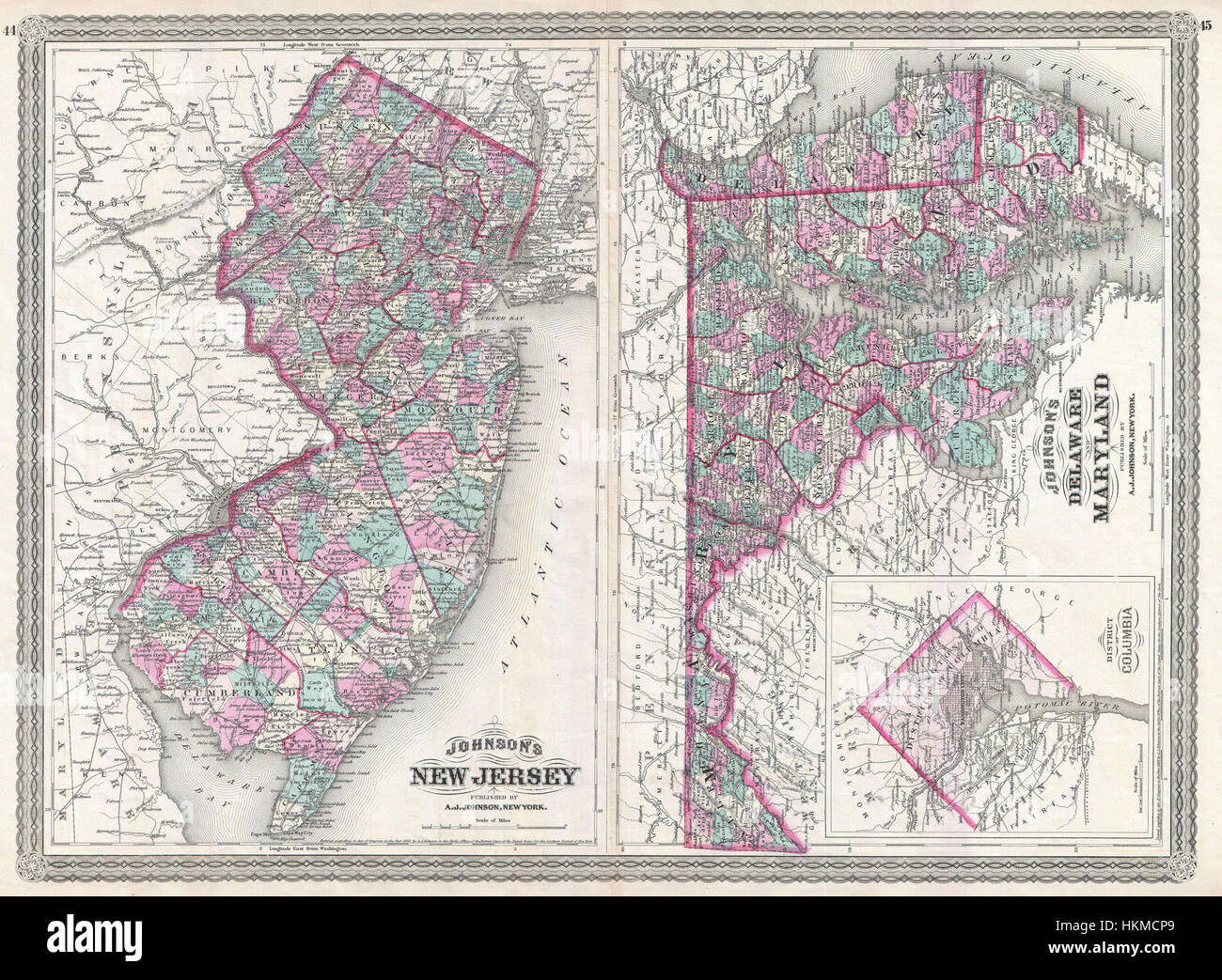 This 1870 map by Johnson & Ward illustrates New Jersey, Maryland, and ...