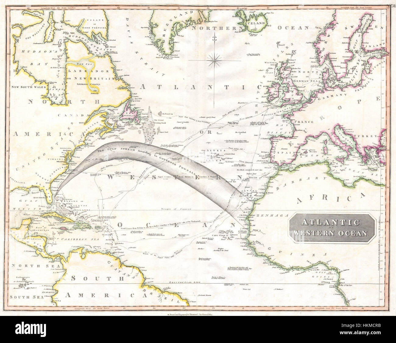 An 1814 map by Thomson detailing the Atlantic Ocean, showcasing the ...