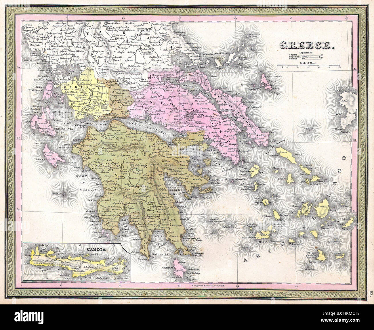 A 1850 map of Greece by Mitchell, offering detailed geographic features ...