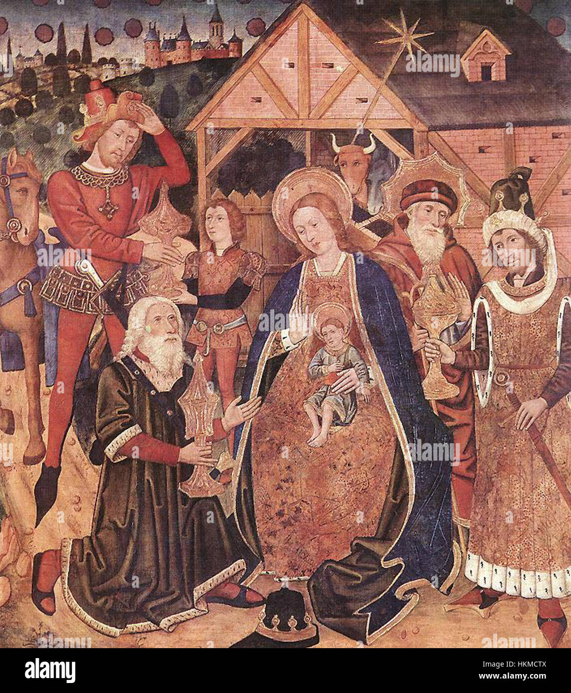 This 15th-century painting, created by an unknown artist, depicts the Adoration of the Magi ...