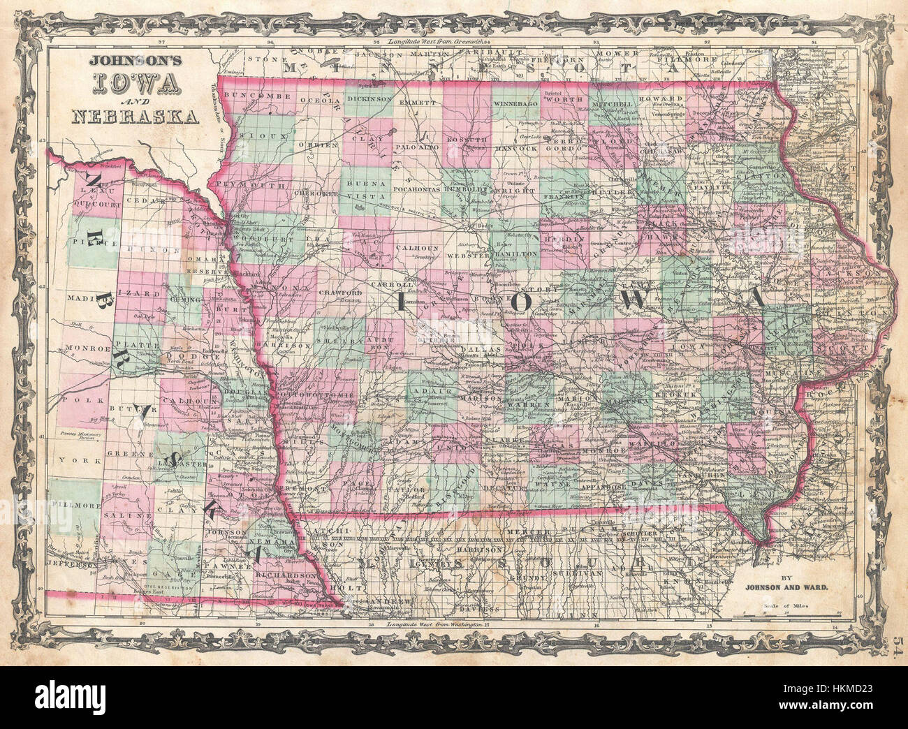 The 1862 Johnson Map of Iowa and Nebraska highlights the political and ...