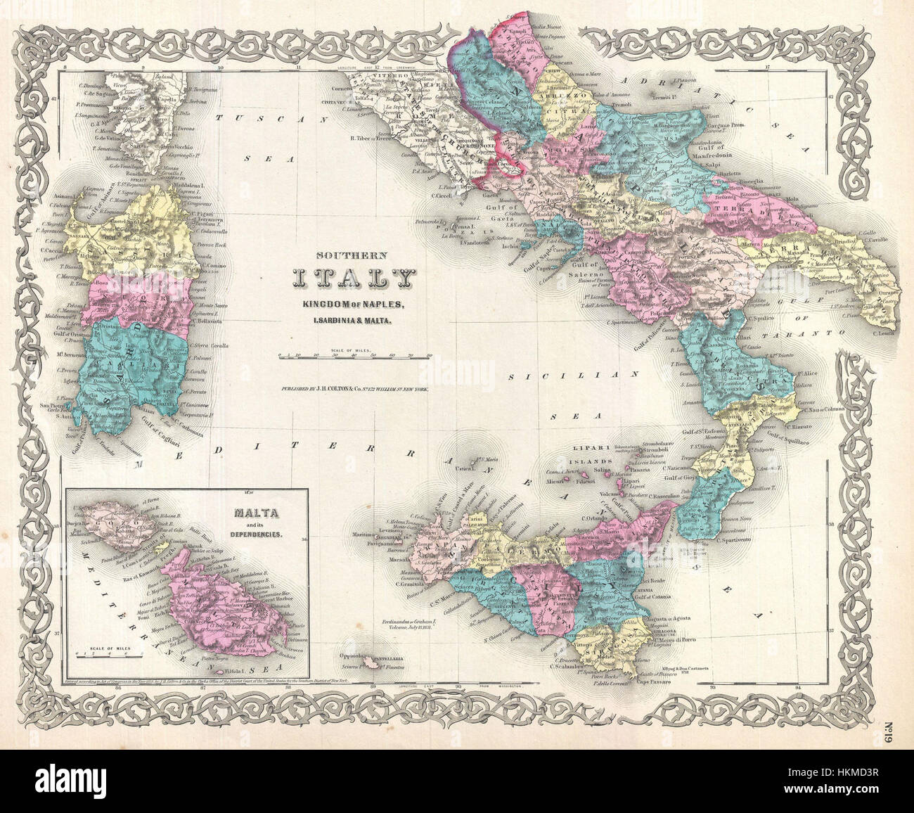 This 1855 map, produced by Colton, shows Southern Italy, including ...