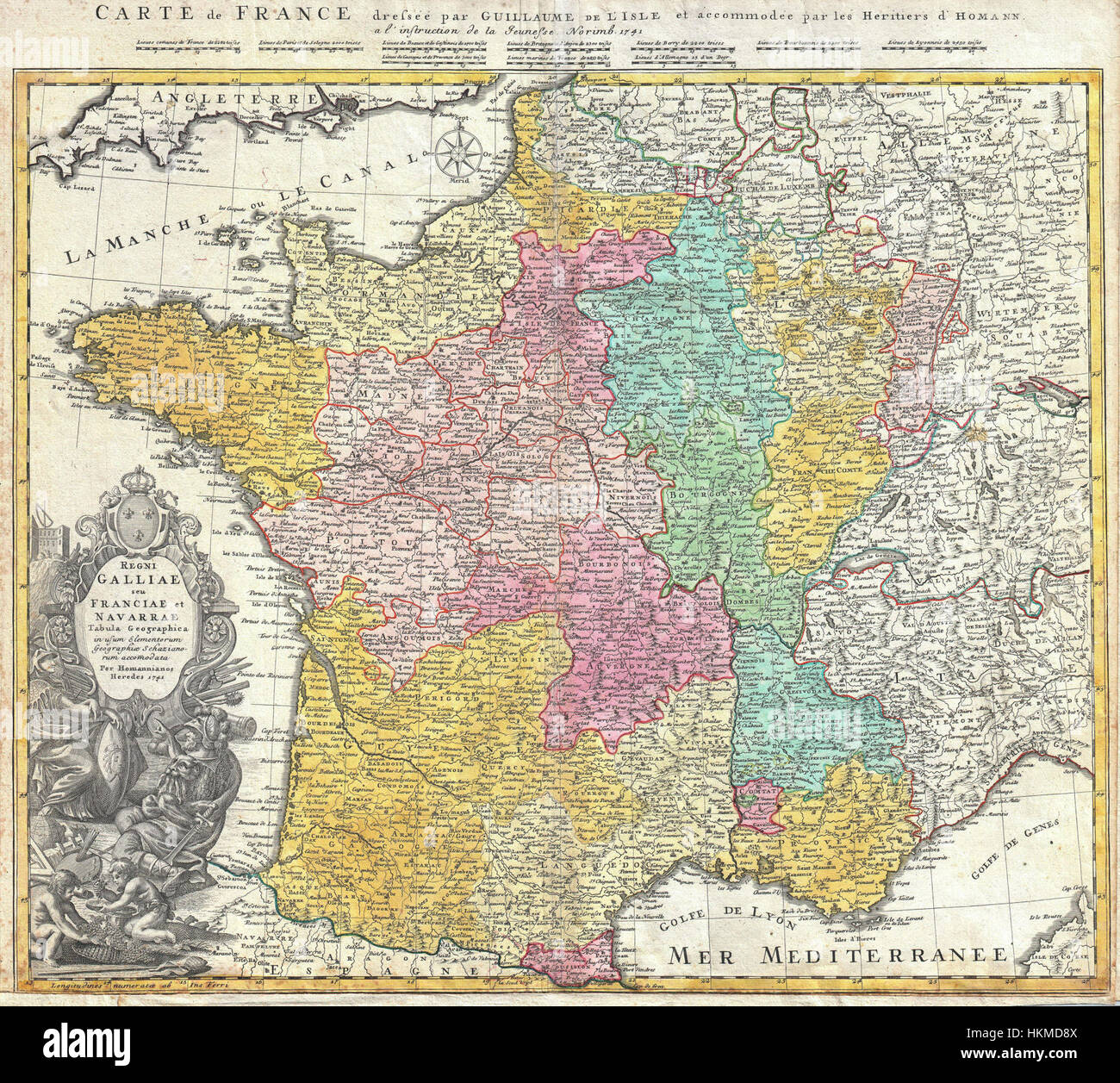 The 1741 Homann Heirs map of France is a detailed geographic map ...