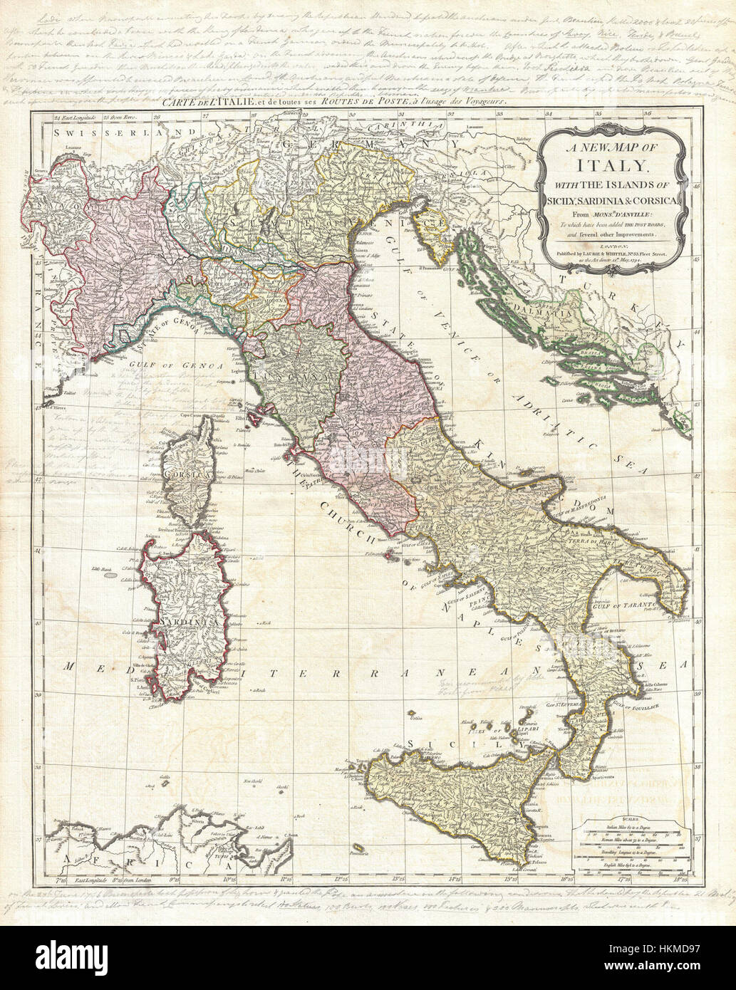 A 1794 map of Italy by D'Anville, showcasing the geographic layout of ...