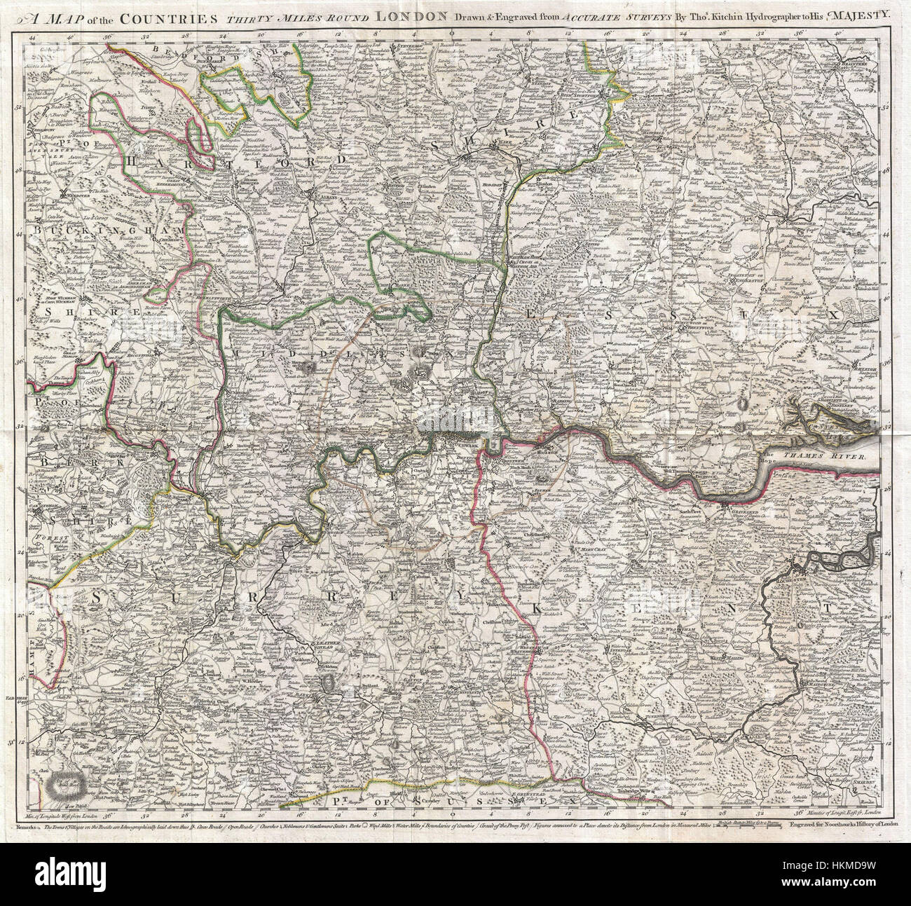 This 1773 map by Kitchin shows the area within a 30-mile radius around ...