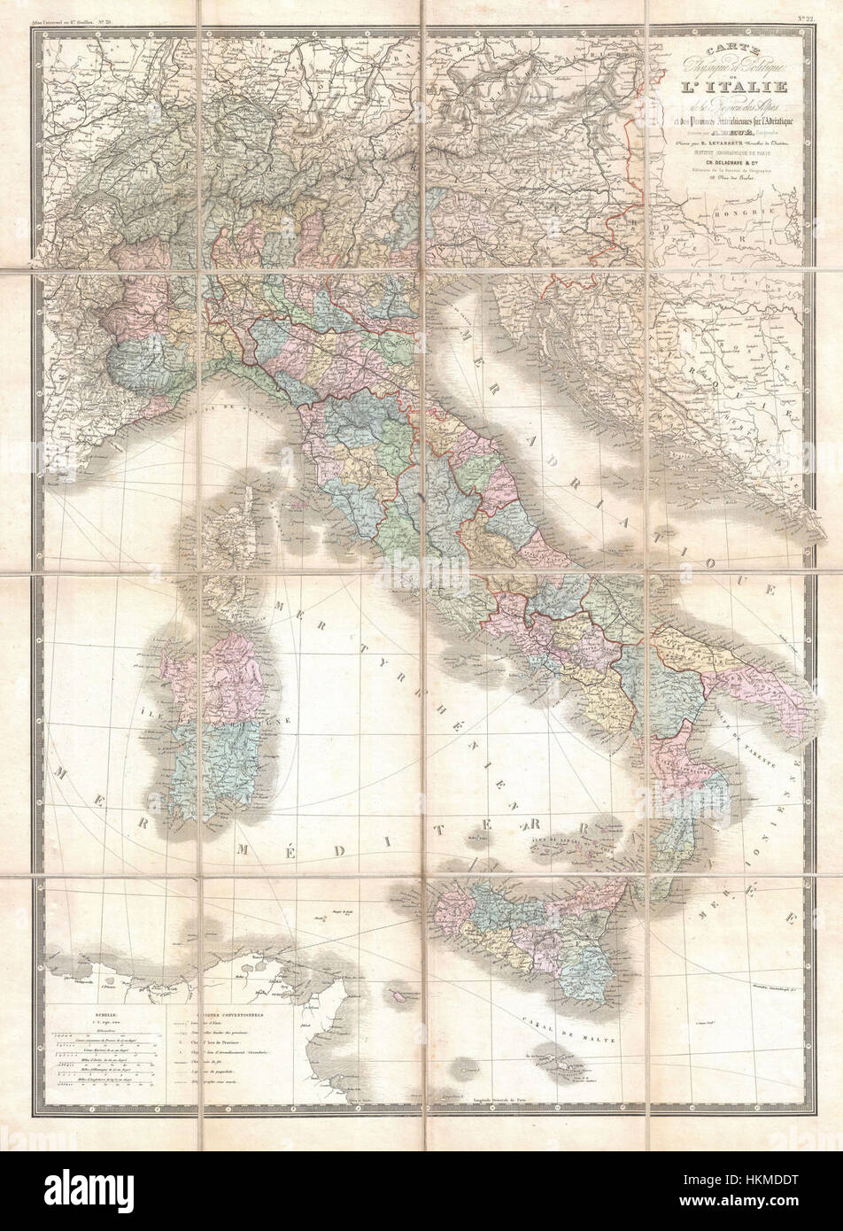 This 1870 pocket map of Italy, created by Brue and Levasseur, showcases ...