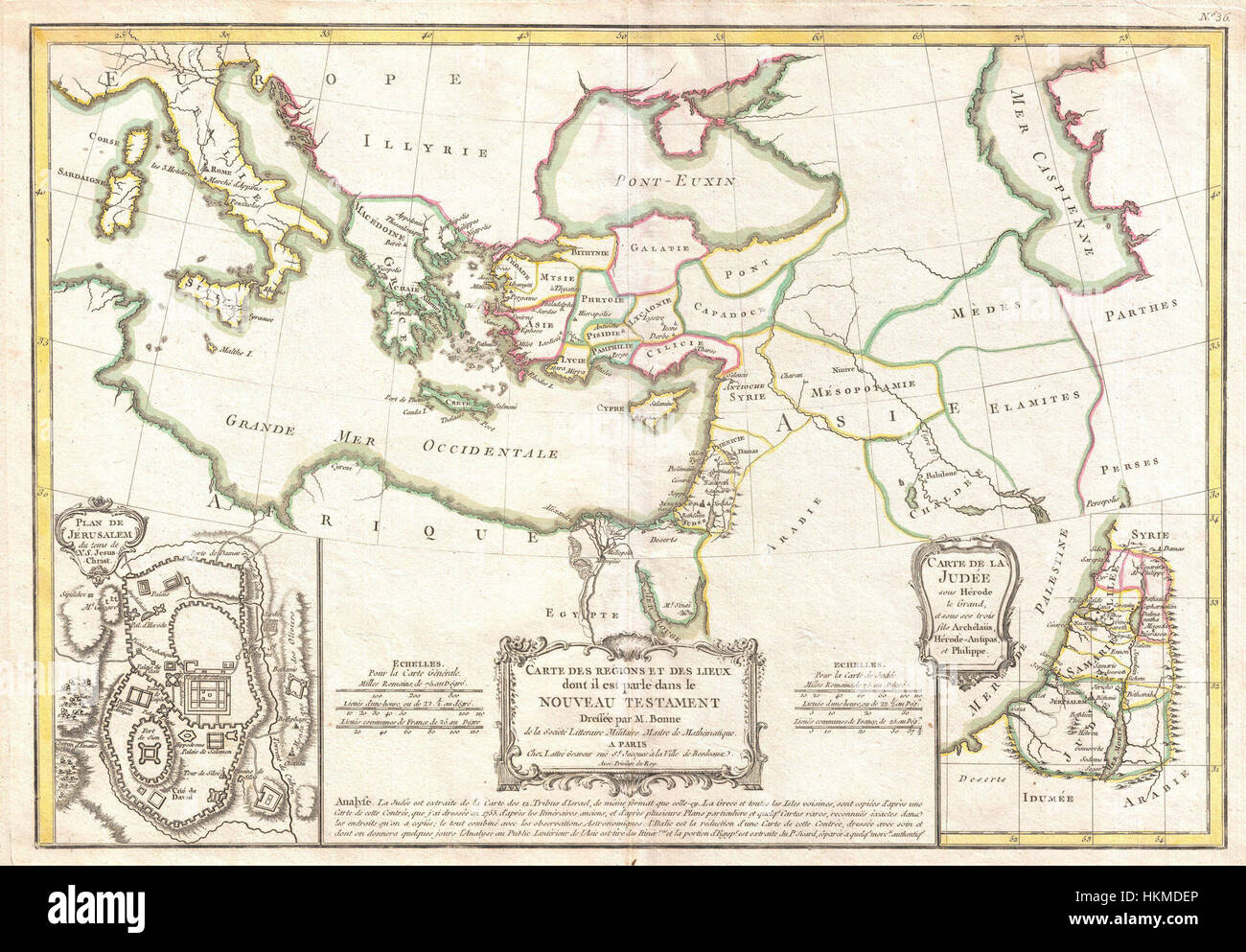The 1771 Bonne map depicts the Holy Land, including Jerusalem and key ...
