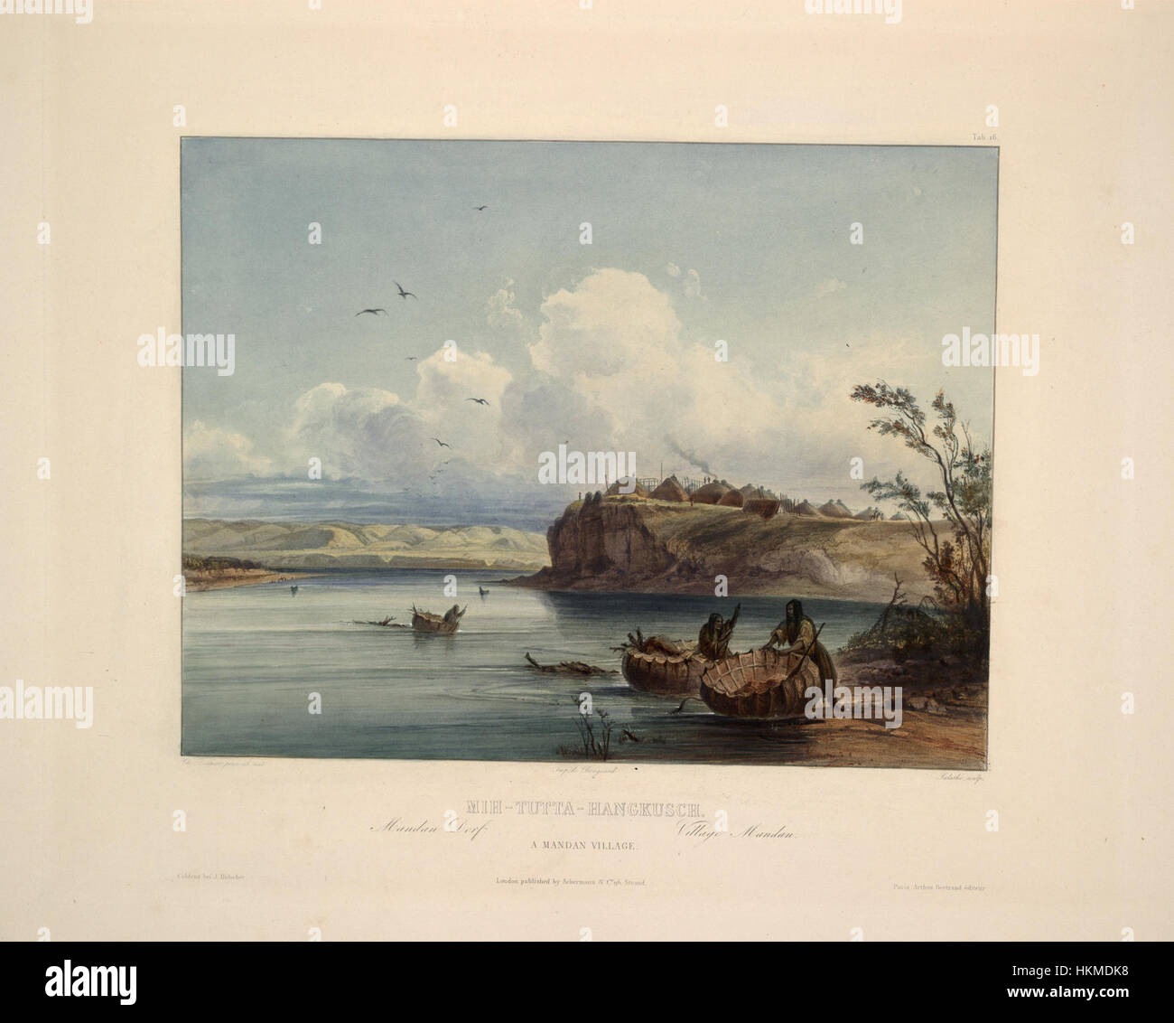 An artwork depicting a Mandan village, showcasing the native structures ...