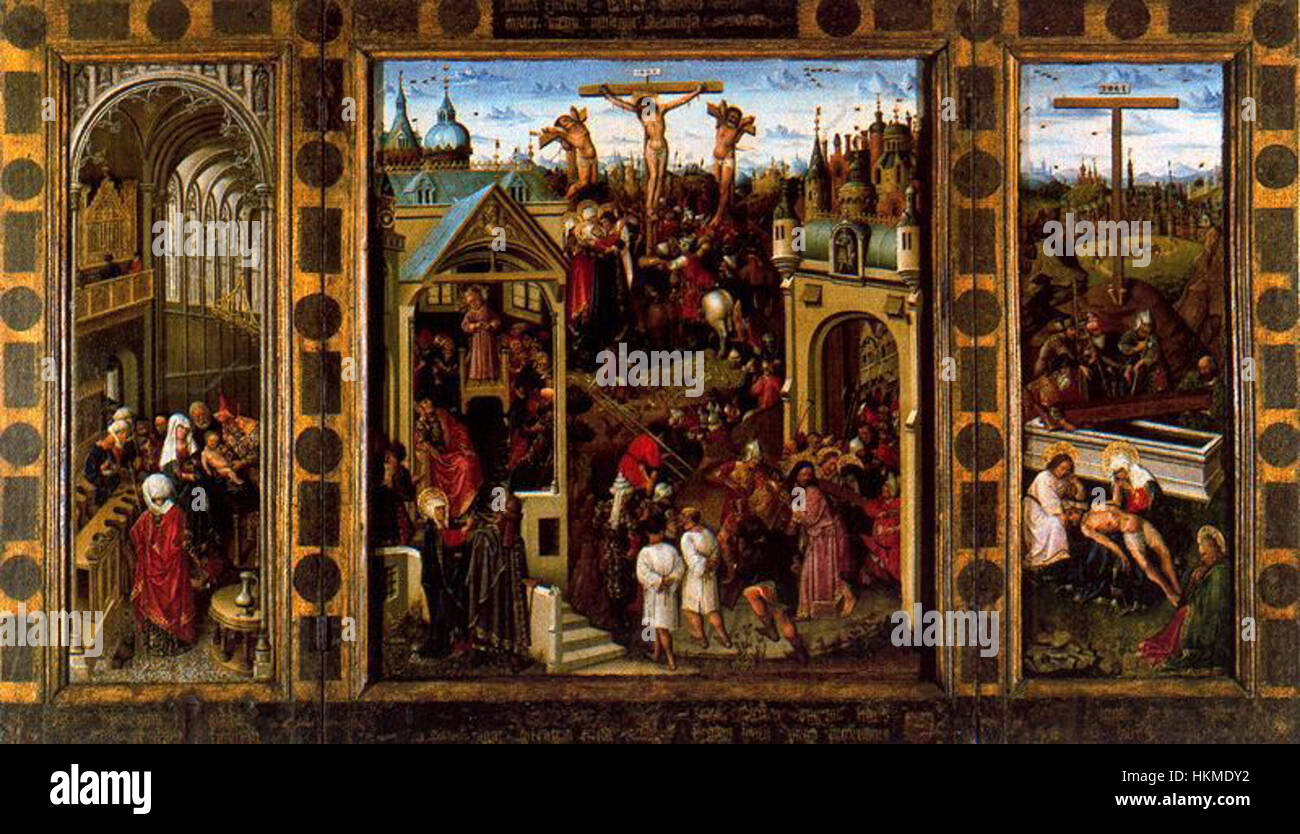 The 'Alimbrot Triptych' depicts the Crucifixion, showcasing a traditional religious scene with ...