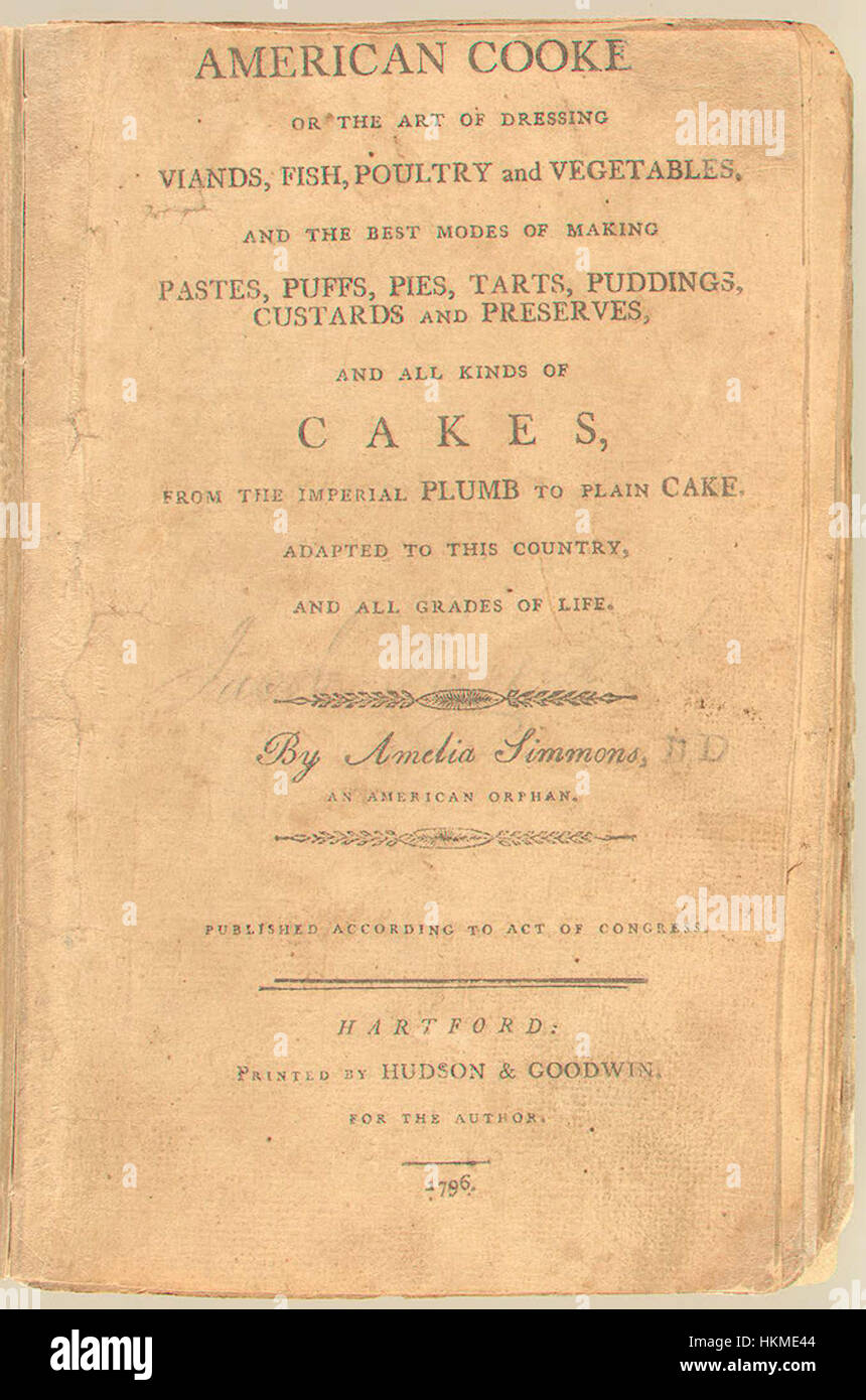 The cover of the first edition of 'American Cookery' (1796) by Amelia ...