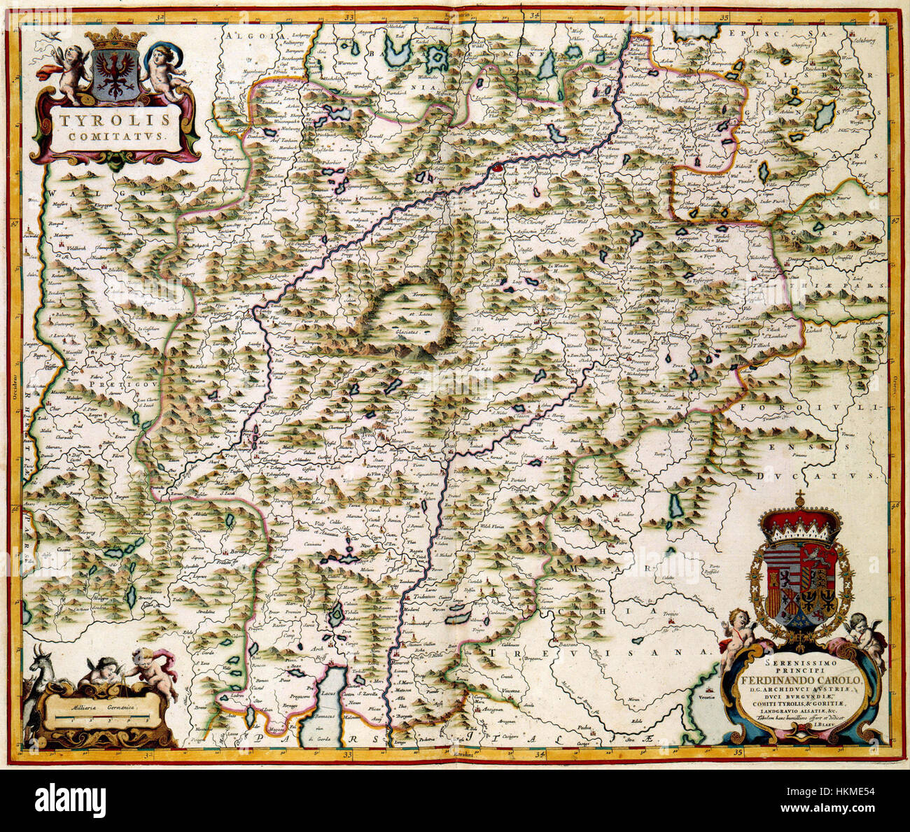 This historical map, 'Tyrolis Comitatus,' illustrates the region of ...