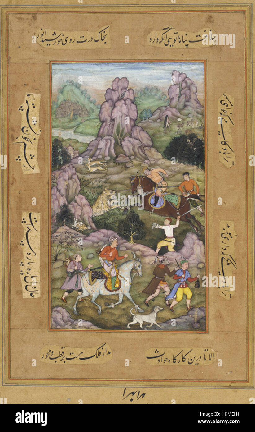 This artwork depicts a dramatic scene of a lion hunt, capturing the ...