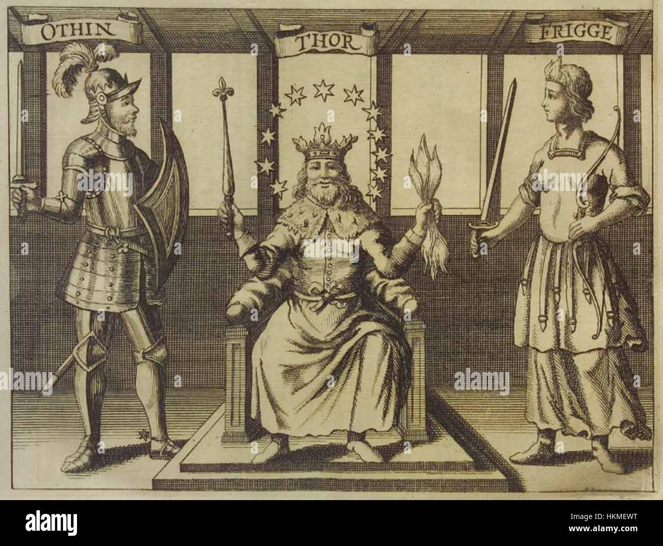 This artwork depicts the Norse gods Othin (Odin), Thor, and Frigg ...