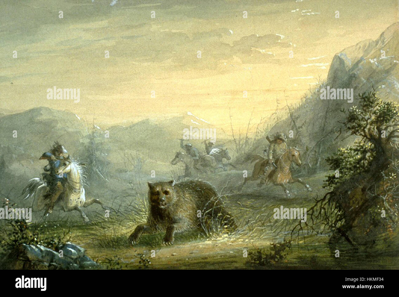 Alfred Jacob Miller's 'Hunting The Bear' captures the rugged scene of a ...